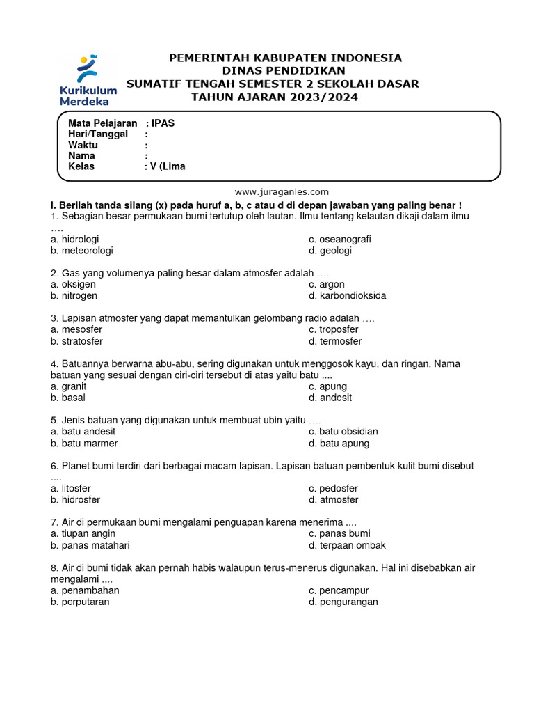 708196351-Soal-PTS-STS-IPAS-Kelas-5-Semester-2-Kurikulum-Merdeka-T-A-2023-2024 2 Hal | PDF ...