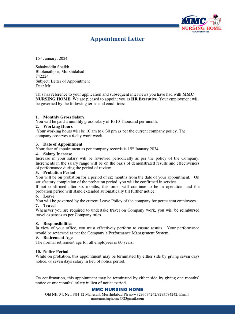 Appoitment Letter 2024 | PDF | Salary | Employment