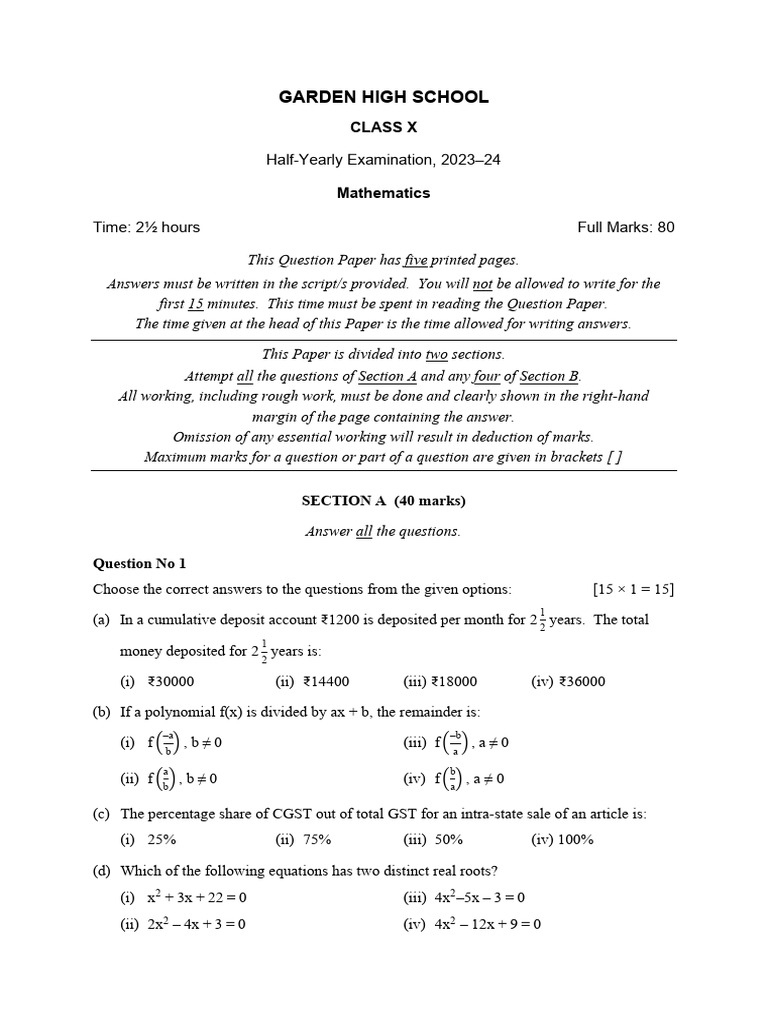 10 Mathematics HY 23-24 | PDF | Mathematics | Algebra