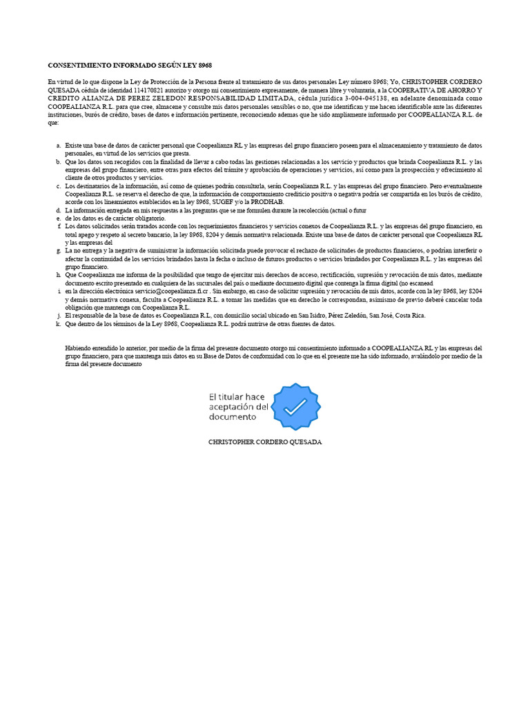 Consentimiento Informado Segun Ley 8968 114170821 | PDF