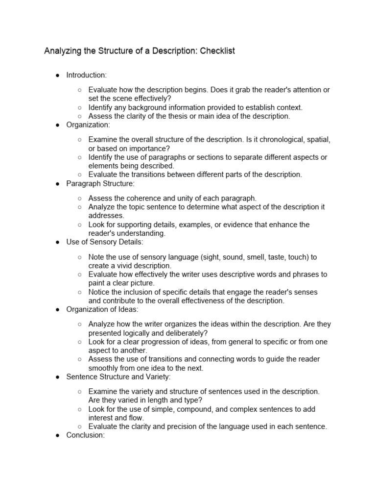 Analyzing the Structure of a Description_ Checklist | Download Free PDF ...
