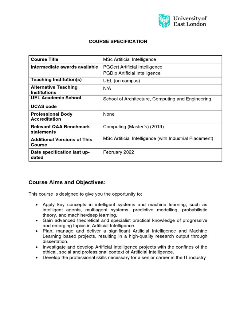 Course Specification Msc Artificial Intelligence | PDF | Artificial Intelligence | Intelligence ...