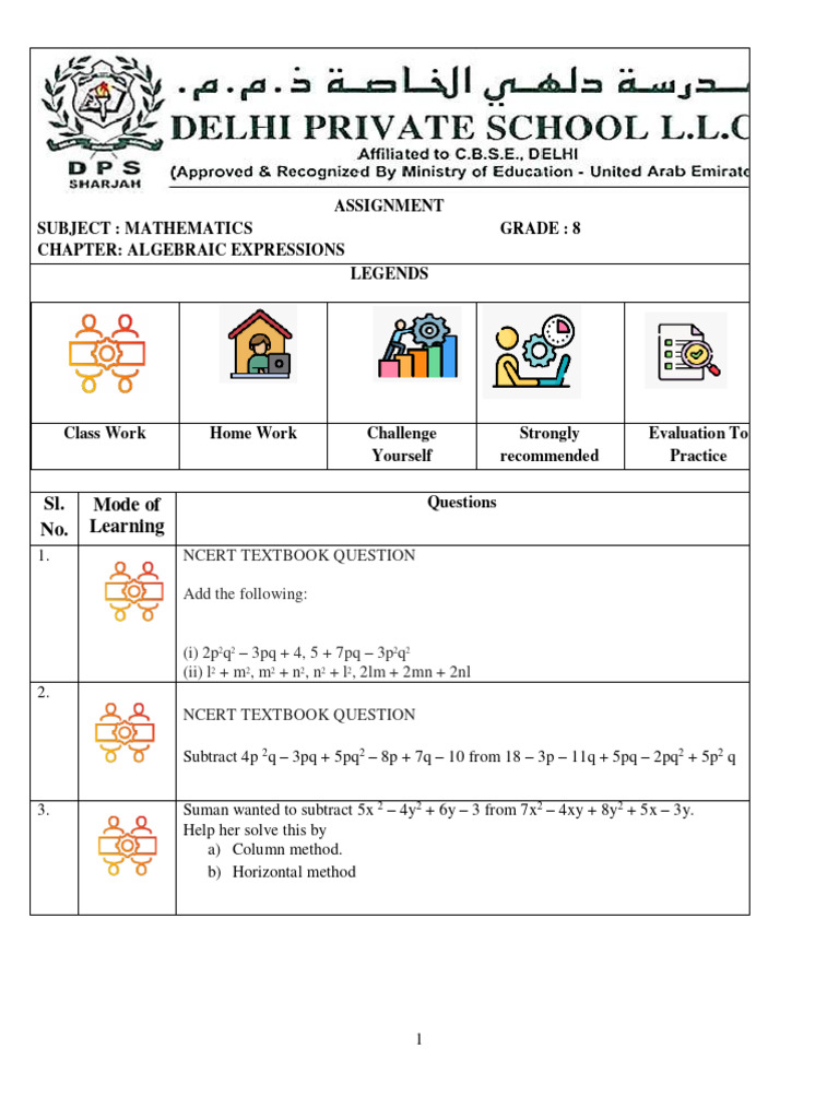 Grade 8 Algebraic Expressions Assignment | PDF | Mathematics | Elementary Mathematics
