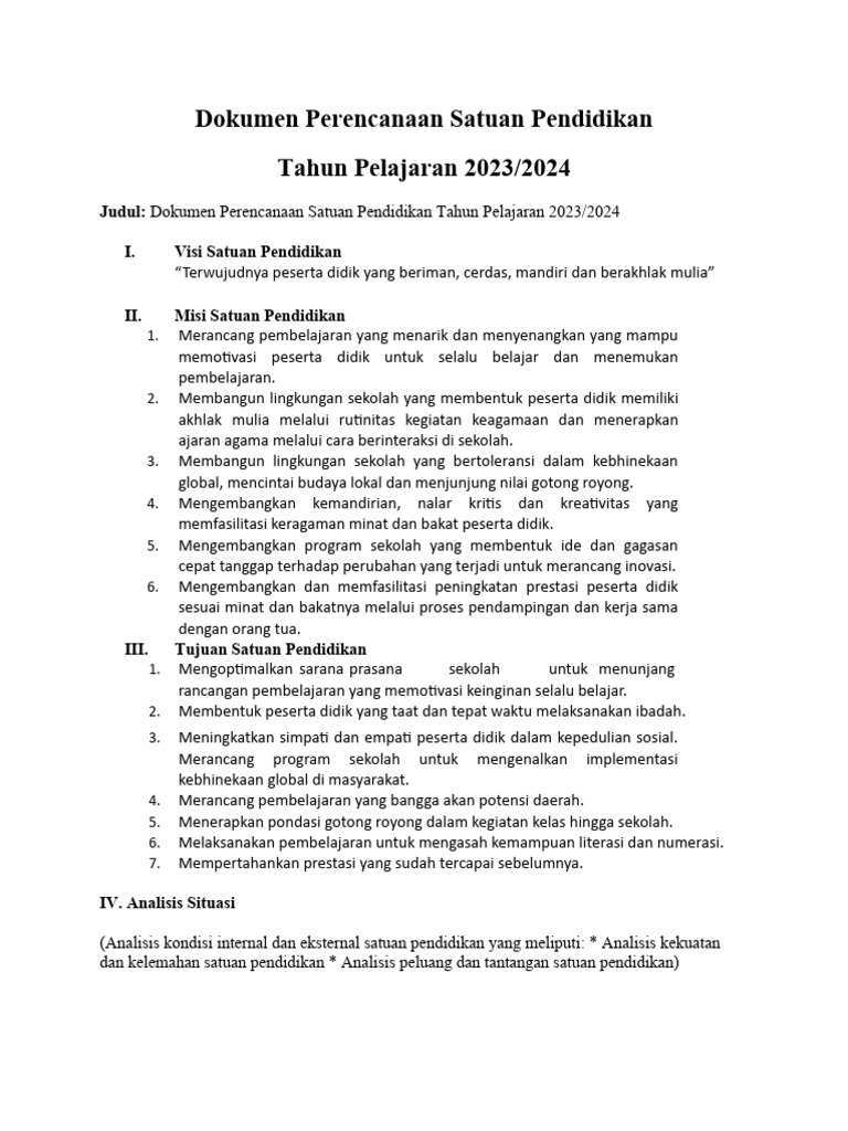 Dokumen Perencanaan Satuan Pendidikan | PDF