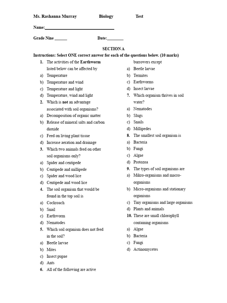 BIOLOGY - FORM THREE - TEST - SOIL ORGANISMS Nes | PDF | Soil | Insects