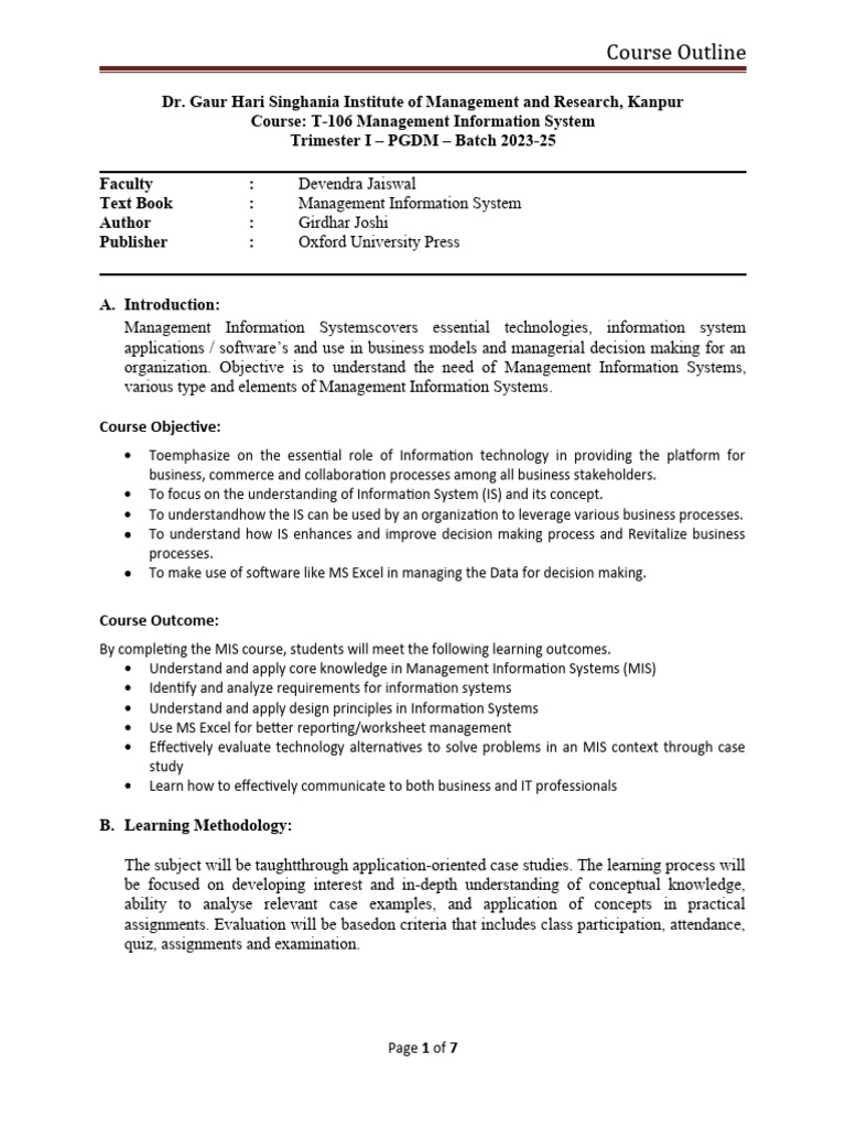 Management Information Systems Course Outline | PDF | Information | Management Information System