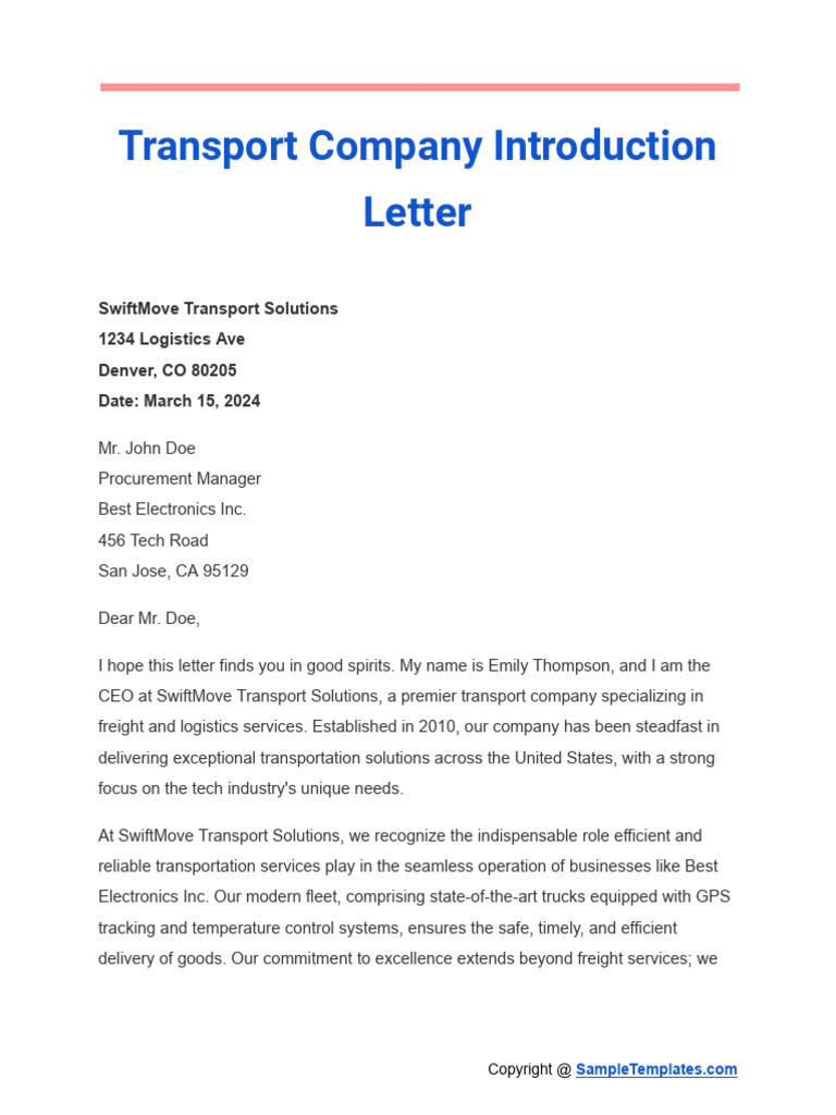 Transport Company Introduction Letter | PDF | Logistics | Transport
