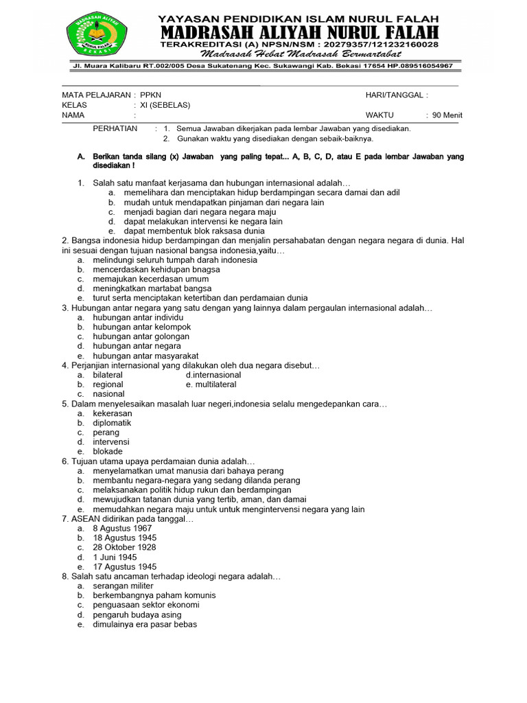 Soal PAT PKN XI. | PDF