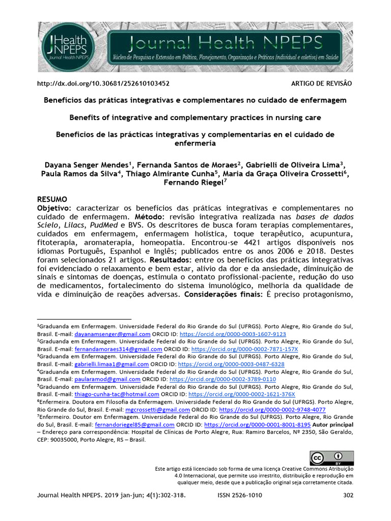 Beneficios de Las Practicas Integrativas y Complementarias en Cudados de Enfermeria. Brasil ...