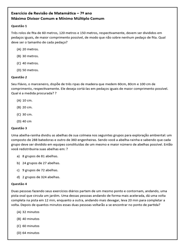 Máximo-Divisor-Comum-e-Mínimo-Múltiplo-Comum Gabarito | PDF | Abelhas | Metro
