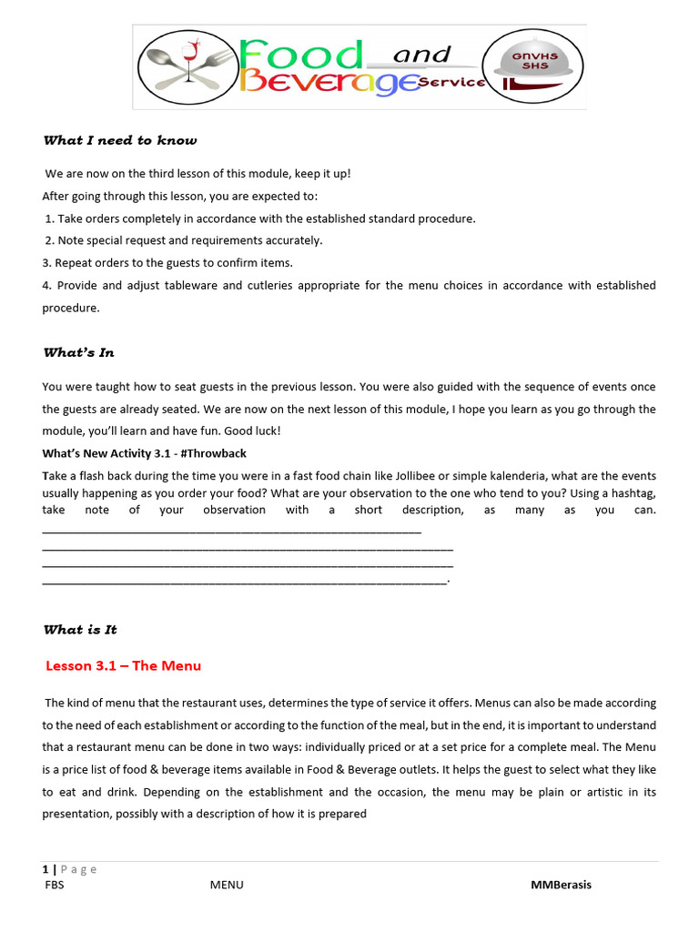 FBS LAS 6 Menu | PDF | Menu | Meal