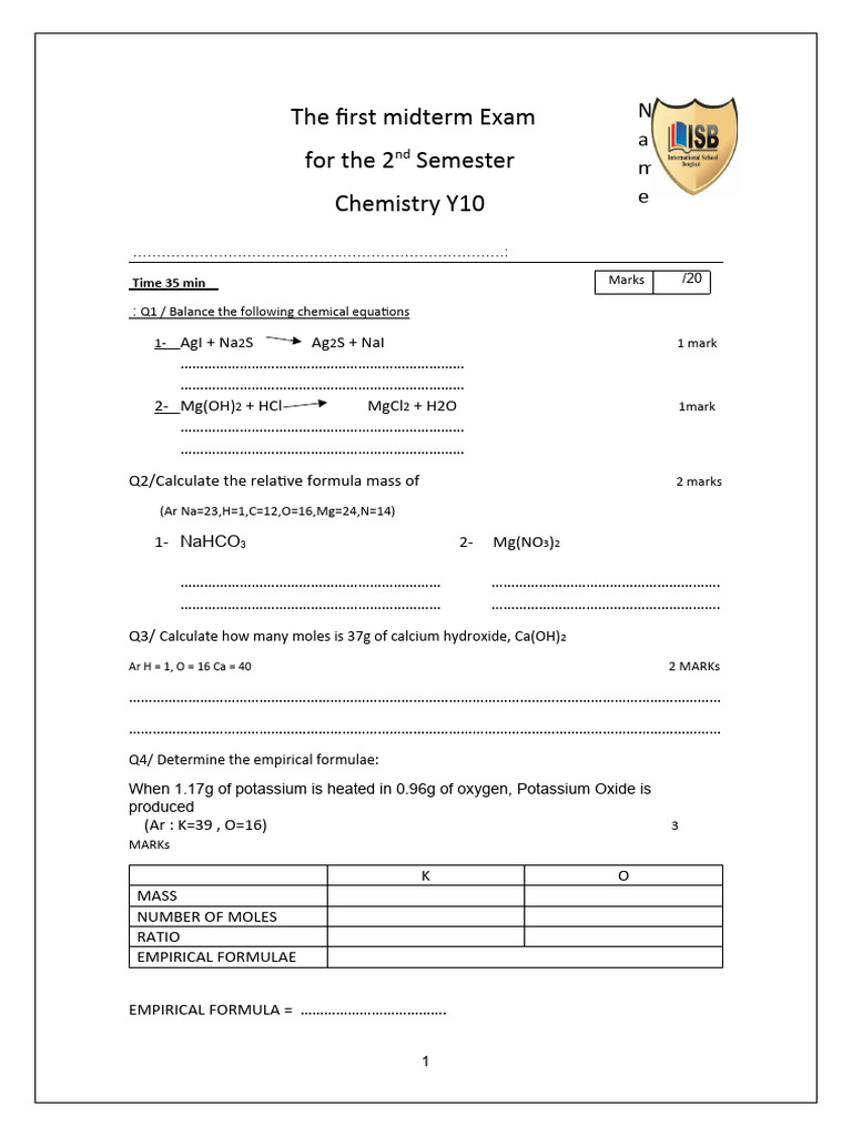 Chemistry Midterm Exam Y10 Guide | PDF | Silver | Metallic Elements