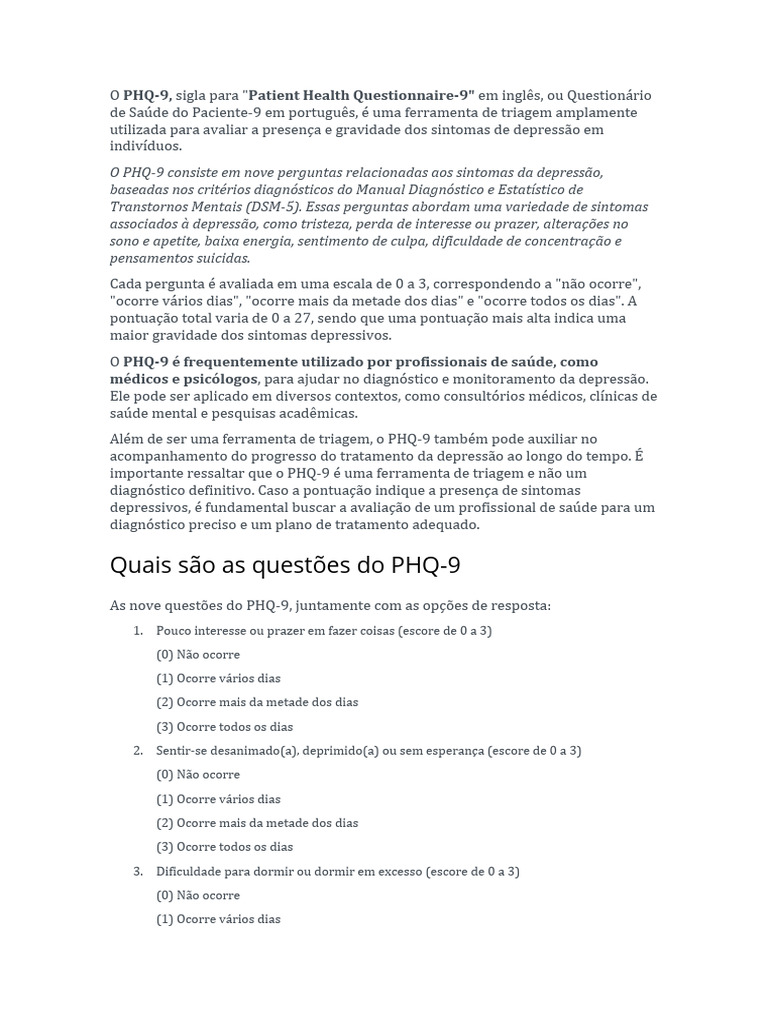 PHQ 9 Sigla para Patient Health Questionnaire 9 ESCALA DE DEPRESSÃO | PDF | Depressão | Causas ...