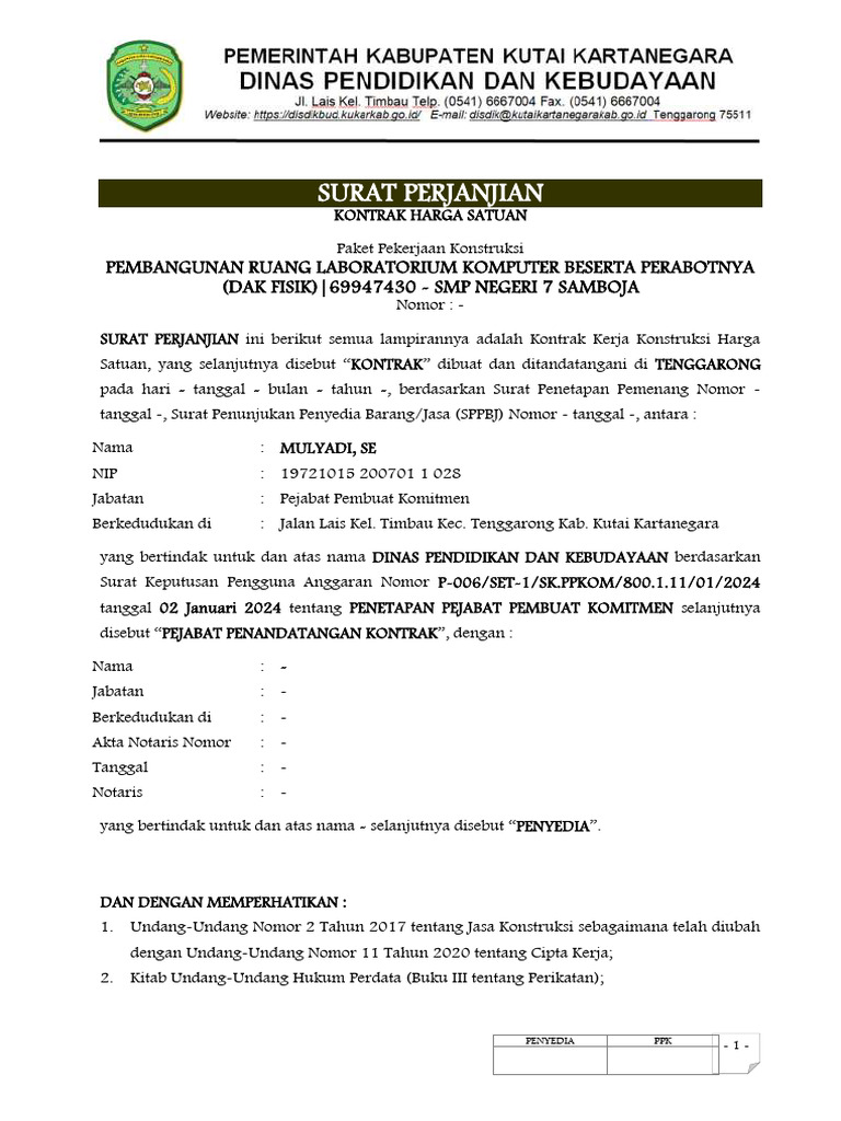 Draf Kontrak Pembangunan Lab Komputer SMP NEGERI 7 SAMBOJA | PDF ...
