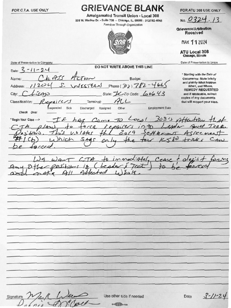 Forcing Leaders and Technicians Class Action Grievance | PDF