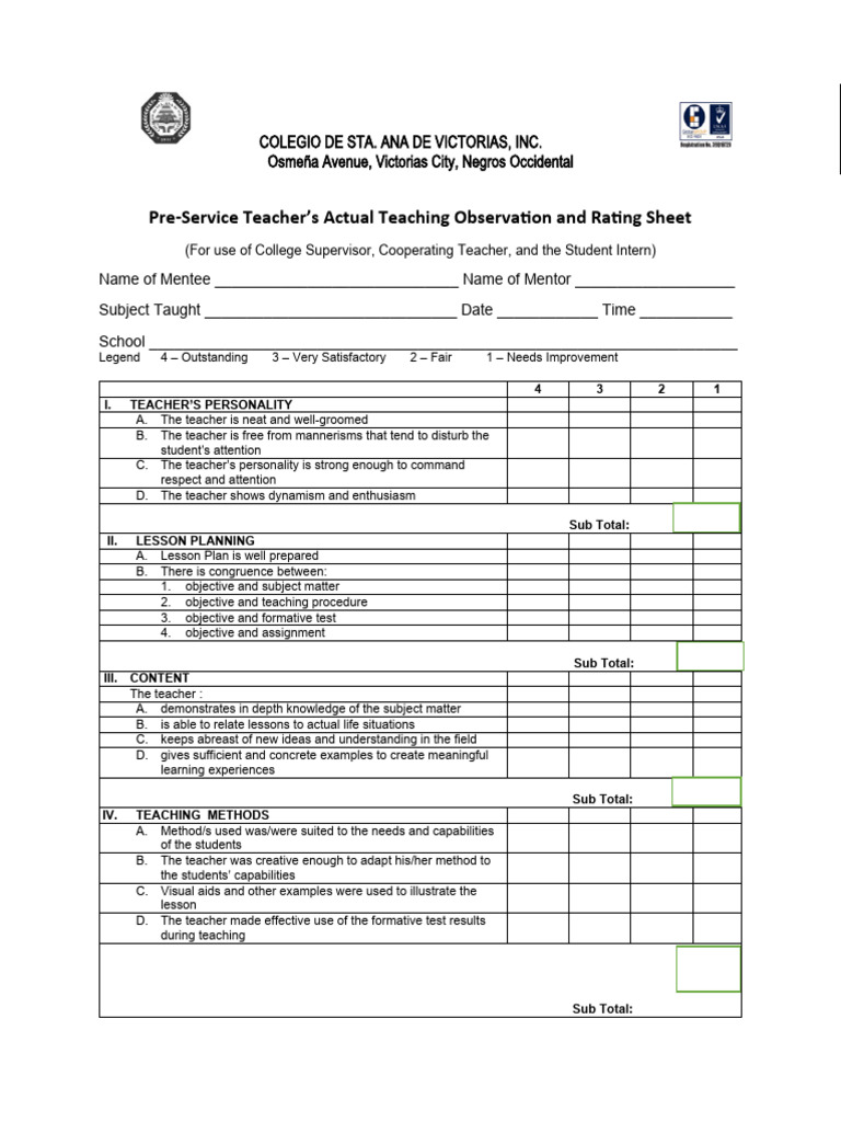 Pre-Service Teacher's Observation and Rating Sheet | Download Free PDF ...