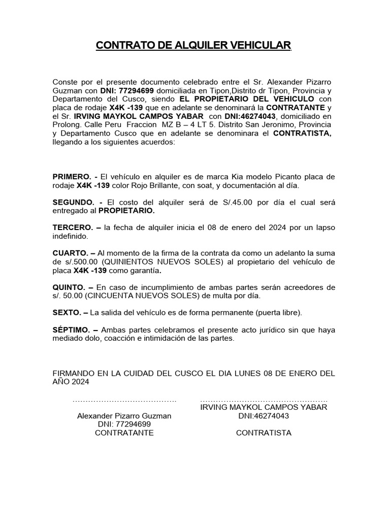 Contrato De Alquiler Vehicular Simple