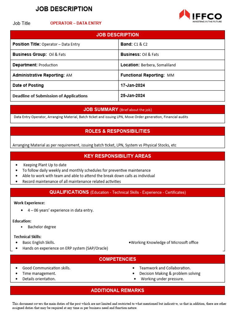 JD - Operator - Data Entry | PDF