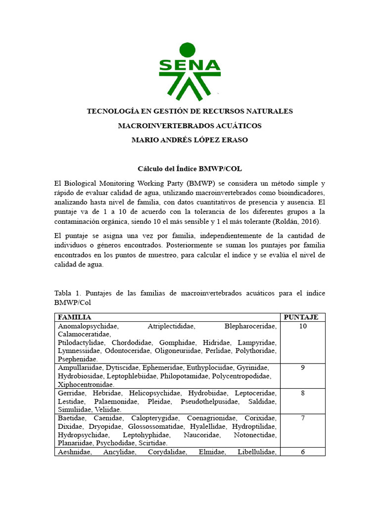 Cálculo del Índice BMWP | PDF