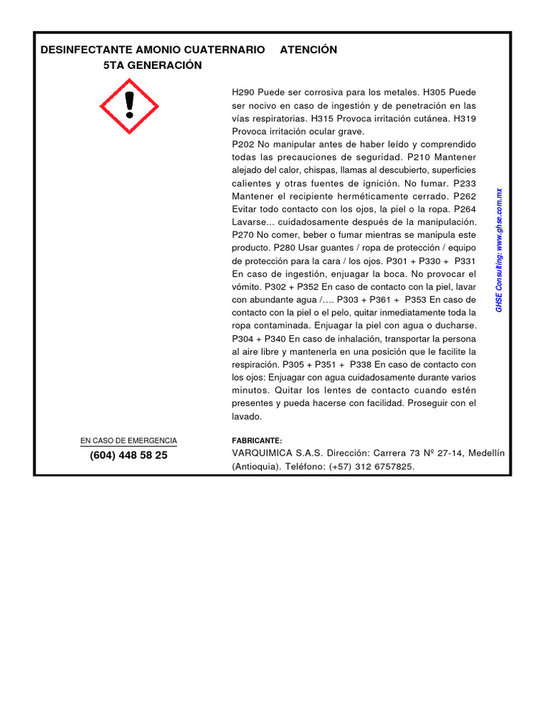 Etiqueta Amonio Cuaternario 5ta Generación | PDF