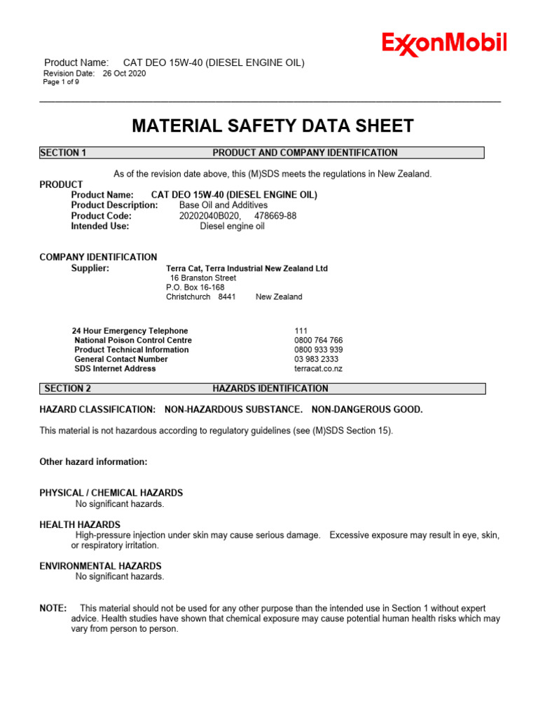 SDS - Cat - Deo - 15W40 - Diesel - Engine - Oil | PDF | Personal ...