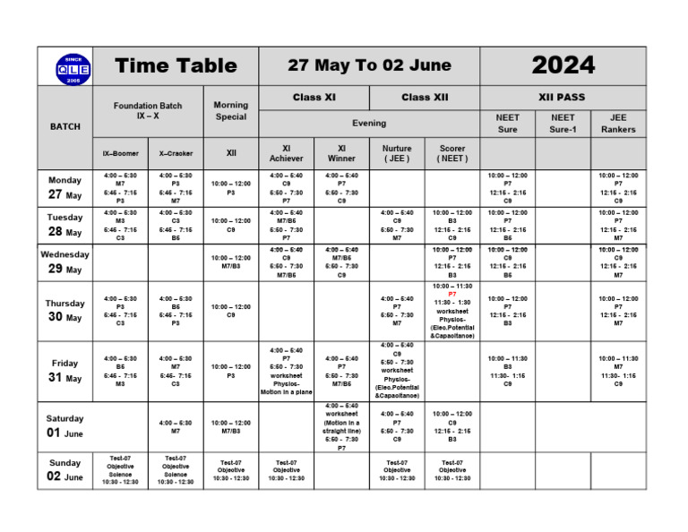 New Batch Time Table 27th May - 02nd June 2024 | PDF