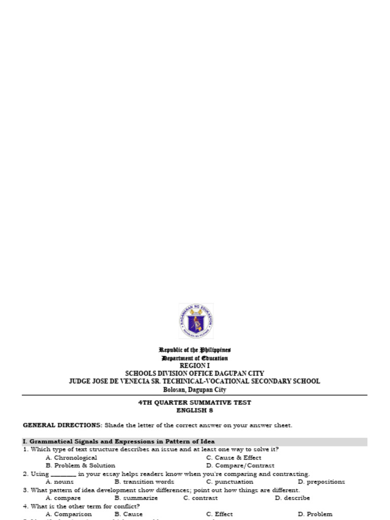 4th Quarter Assessment Test | PDF | Paragraph | Information