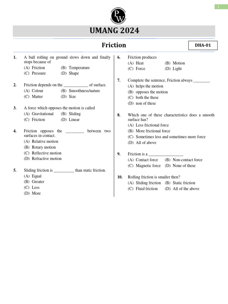 Physics - Friction - Daily Home Assignment 01 - Umang 2024 | PDF ...