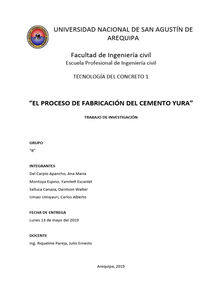 proceso-de-fabricacion-del-cemento-yura-sa | Descargar gratis PDF | Cemento | Hormigón