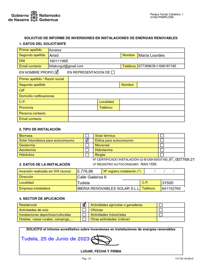 1203 - Formulario Solicitud EERR | PDF | Energía renovable | Conversión de energía