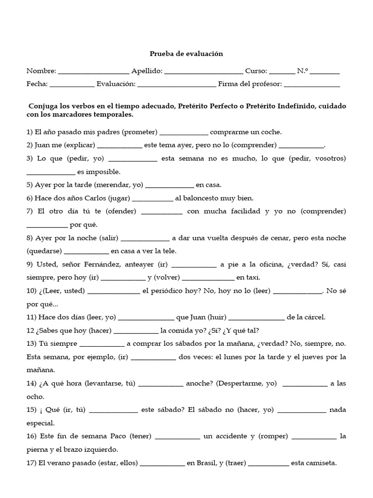 Preterito Perfecto Indefinido Prueba | PDF | Artes del Lenguaje y ...