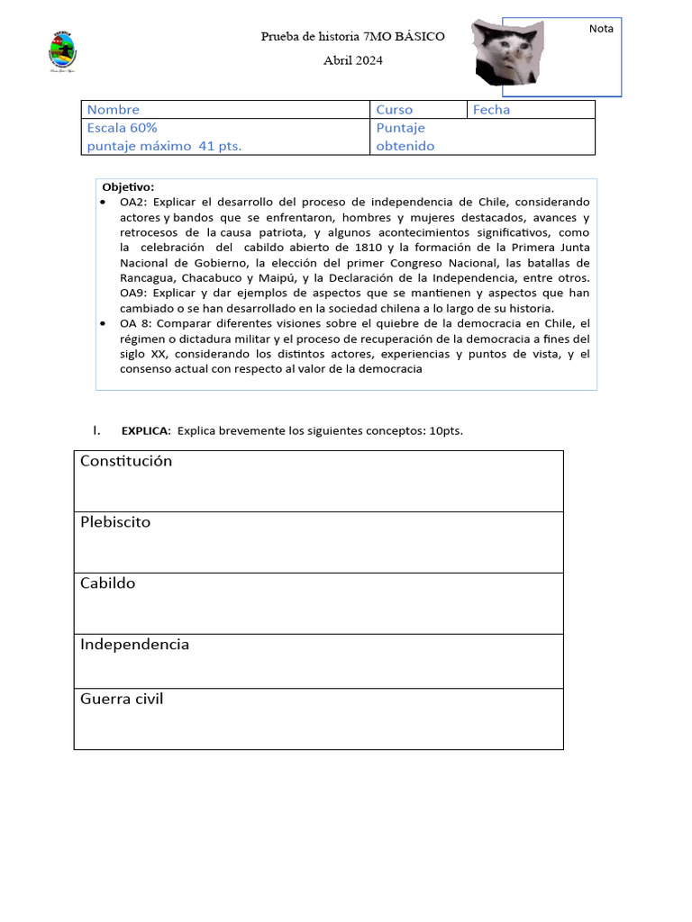 Prueba 1 de Historia 7° Básico 2024 | PDF | Conservatismo | Chile