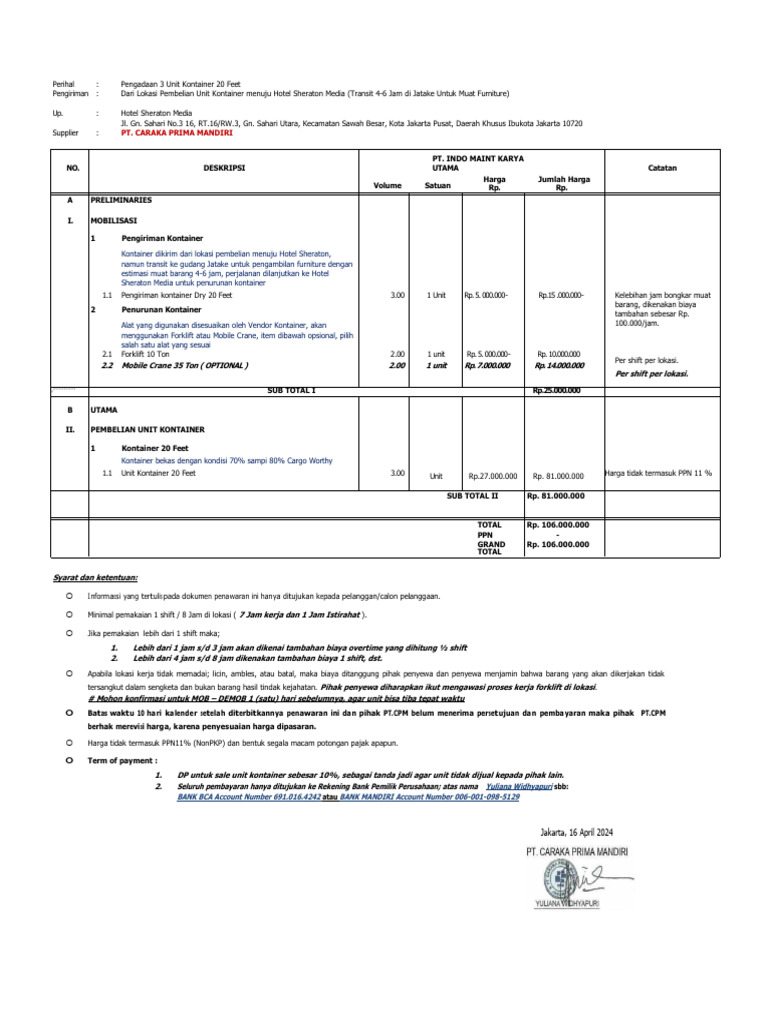 BoQ BLANK - Pembelian Unit Kontainer Hotel Sheraton Media1 | PDF