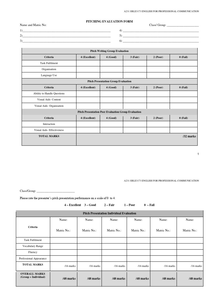 PITCHING EVALUATION FORM | PDF | Communication | Vocabulary
