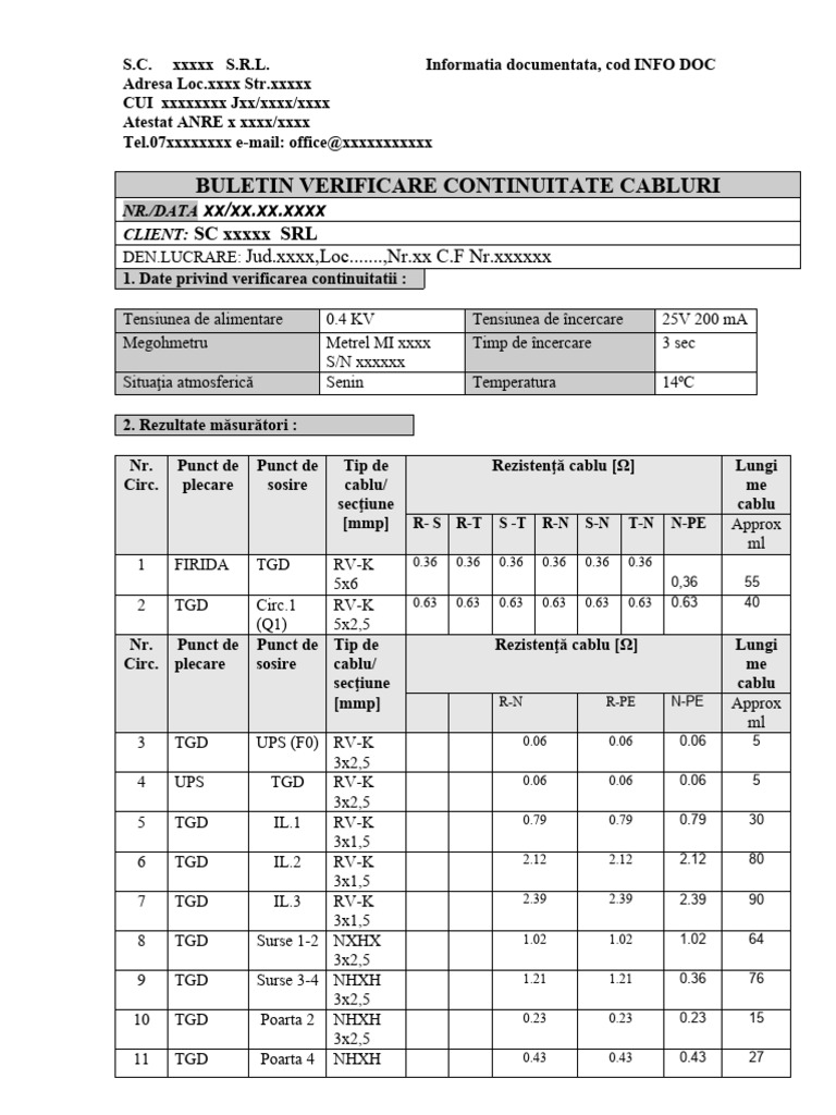 Buletin Verificare Continuitate Cabluri Model | PDF