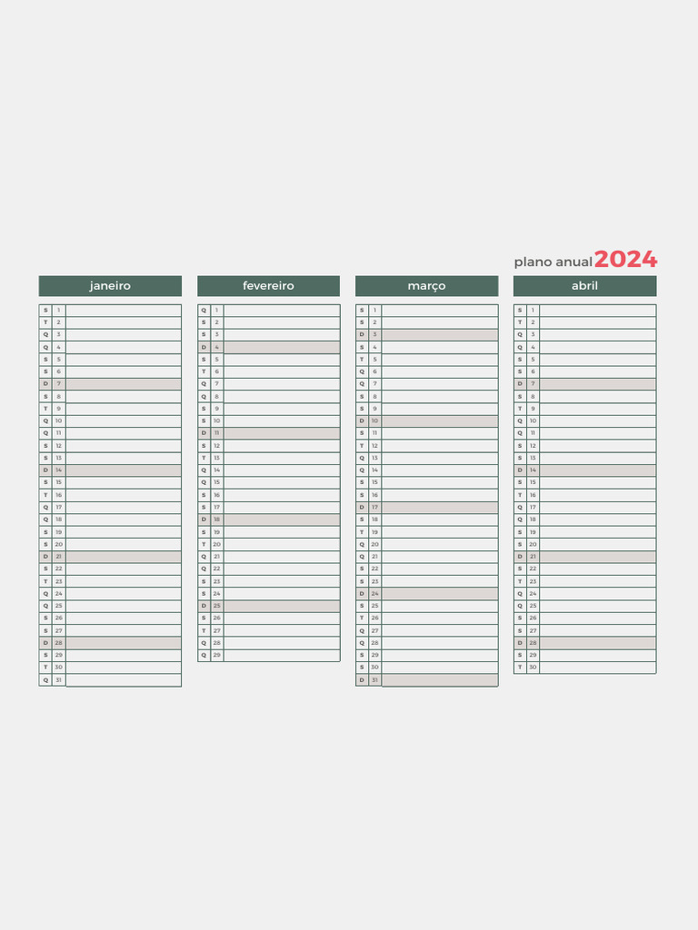 Calendário 2024 Planner Simples Verde Documento A4 - 20231229 - 065449 - 0000 | PDF