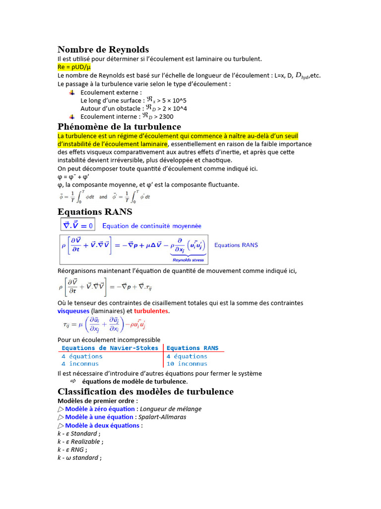 Comprendre le Nombre de Reynolds et les Modèles de Turbulence | PDF ...