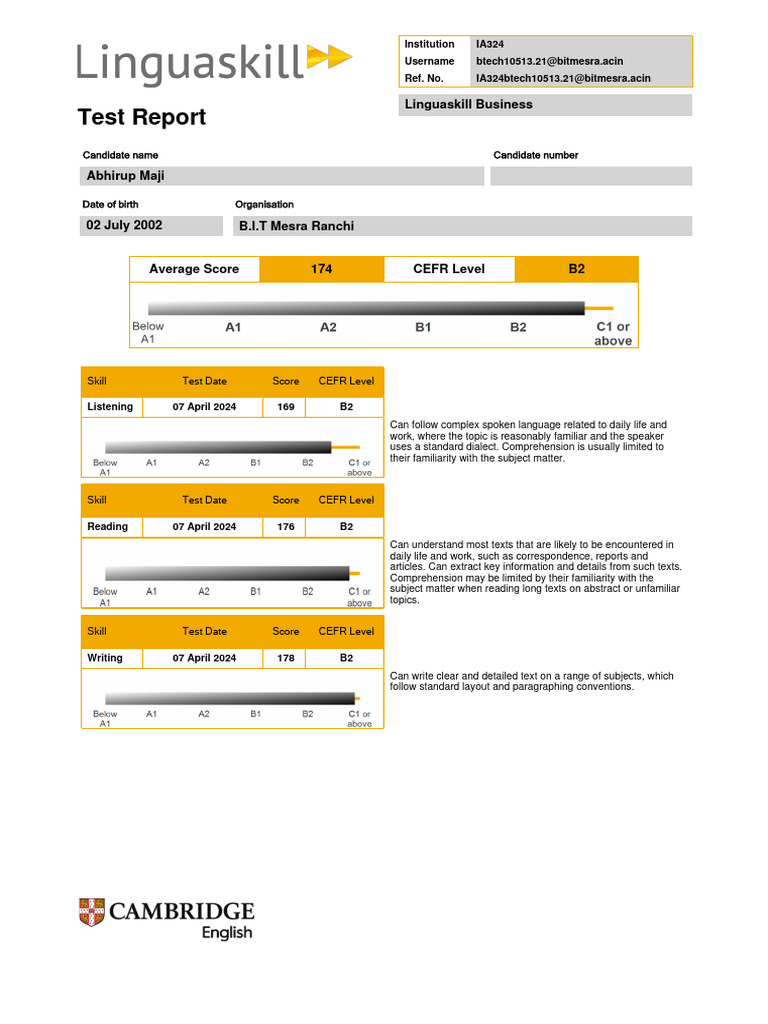Linguaskill Test Report for Abhirup Maji | PDF | Applied Linguistics ...