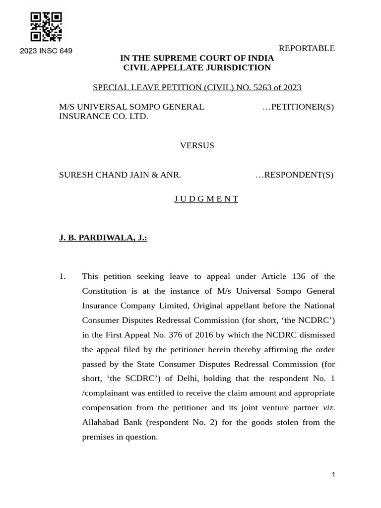 Ms UNIVERSAL SOMPO GENERAL-SC-2023-227 Against NCDRC Maintainable | PDF ...