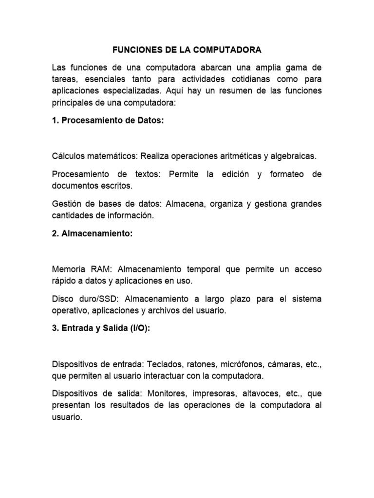 Funciones de La Computadora | PDF | Hardware de la computadora | Almacenamiento de datos de la ...