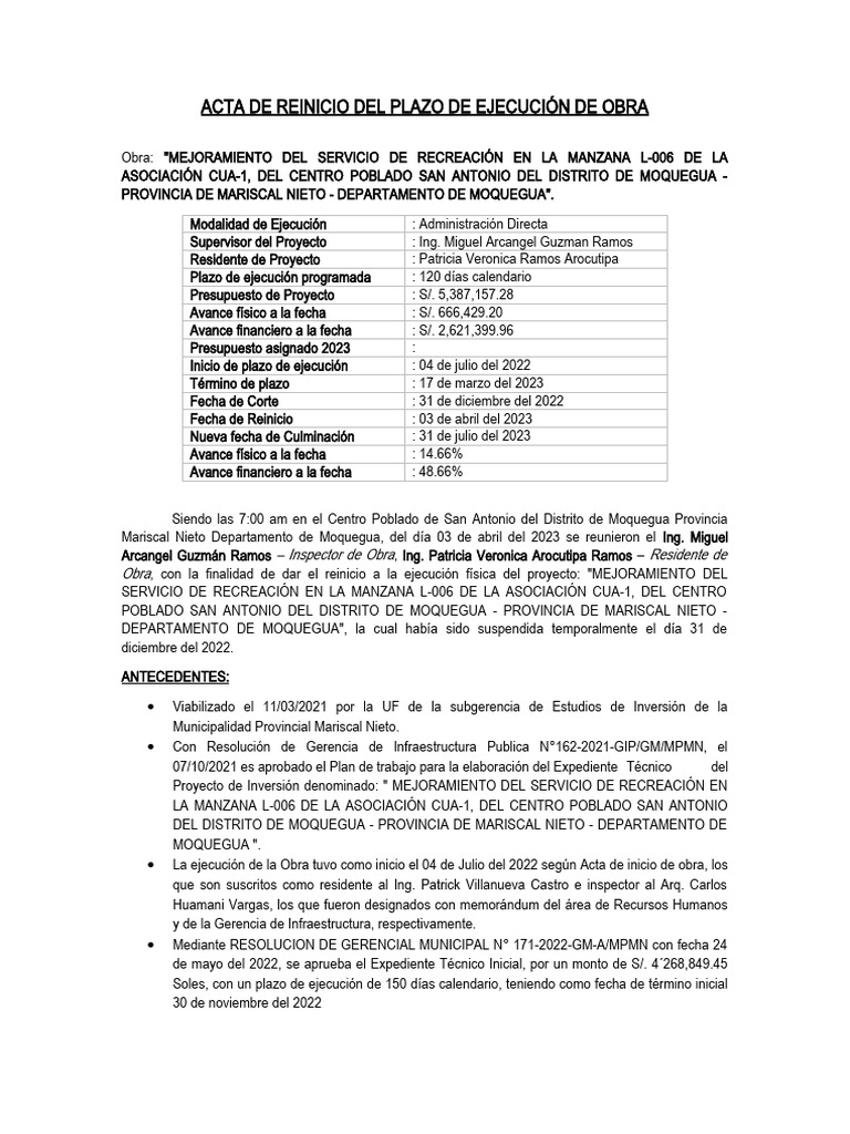 Acta de Reinicio Del Plazo de Ejecución de Obra | PDF | Finanzas y dinero | Tecnología