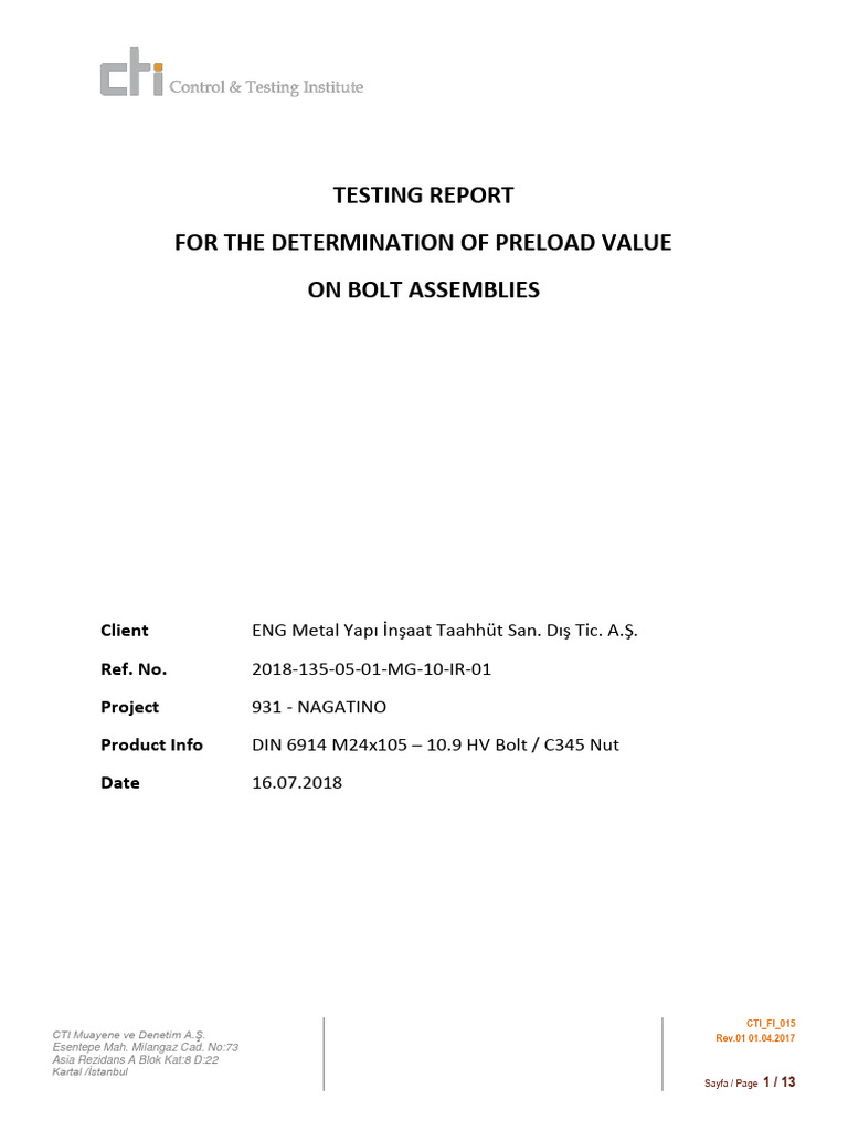 931 Nagatino - Pralad M24 Bolt Preloading Test Report | PDF | Screw ...