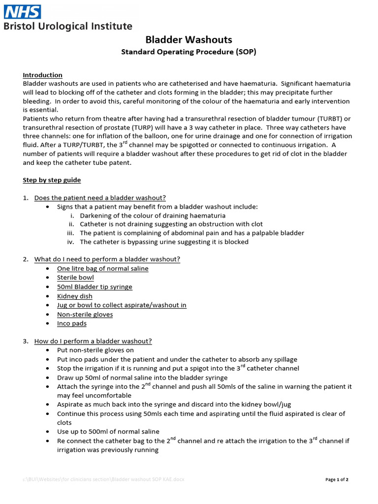 Bladder Washout SOP for Clinicians | PDF | Catheter | Clinical Medicine
