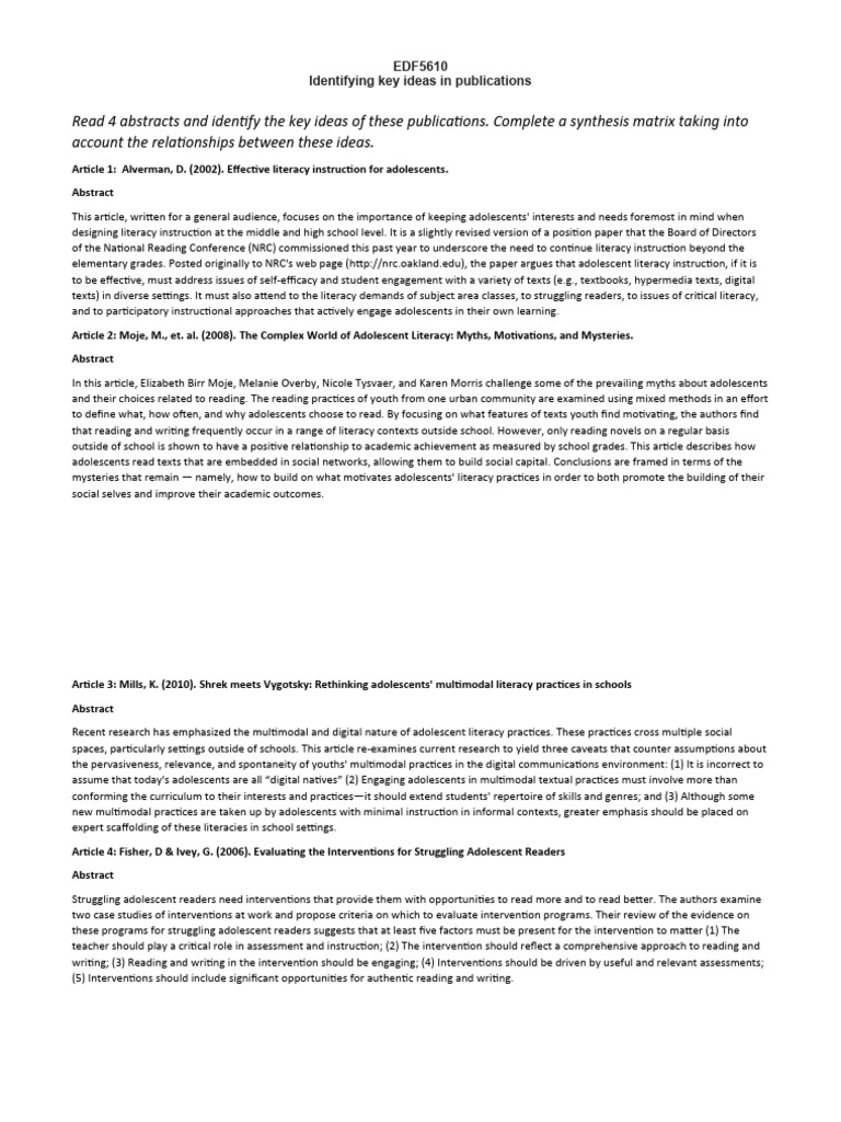 EDF5610 - Week3 - Identifying Key Ideas Synthesis Matrix | PDF ... EDF5610 - Week3 - Identifying Key Ideas Synthesis Matrix | PDF ...