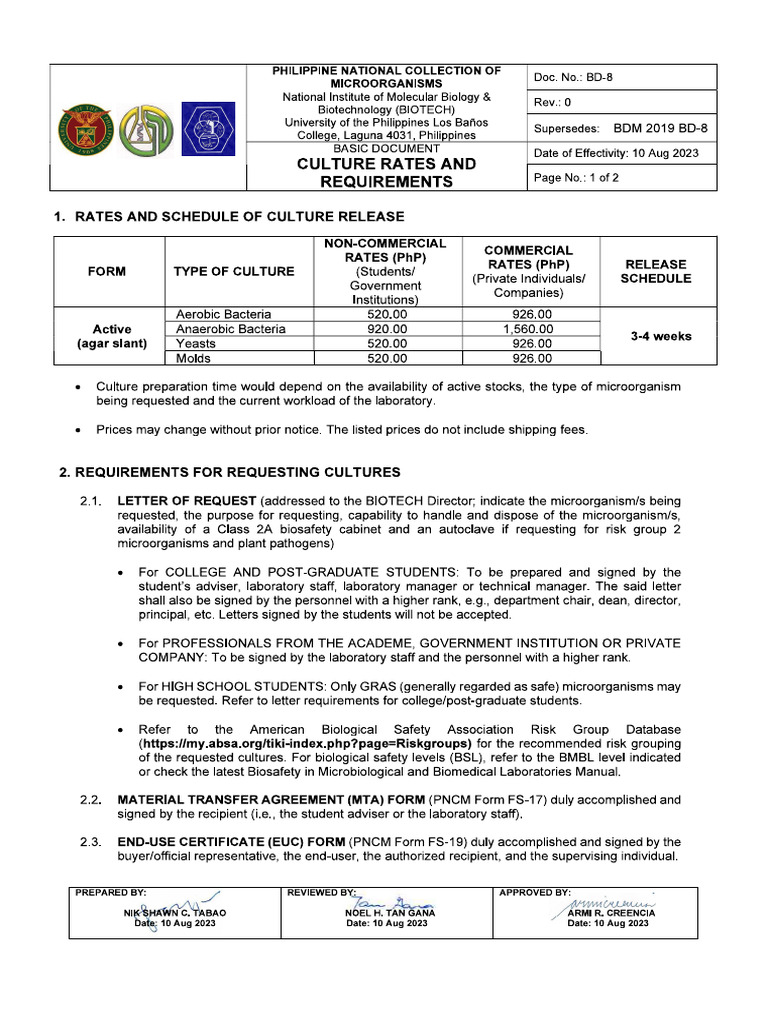 6 PNCM BD-8 - FS-17 - FS-19 Culture Rates and Requirements | PDF ...