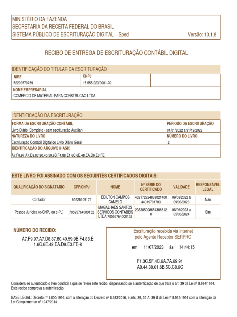 Recibo Ecd 2022 Com Mat Constr | PDF | Contabilidade | Escrituração ...