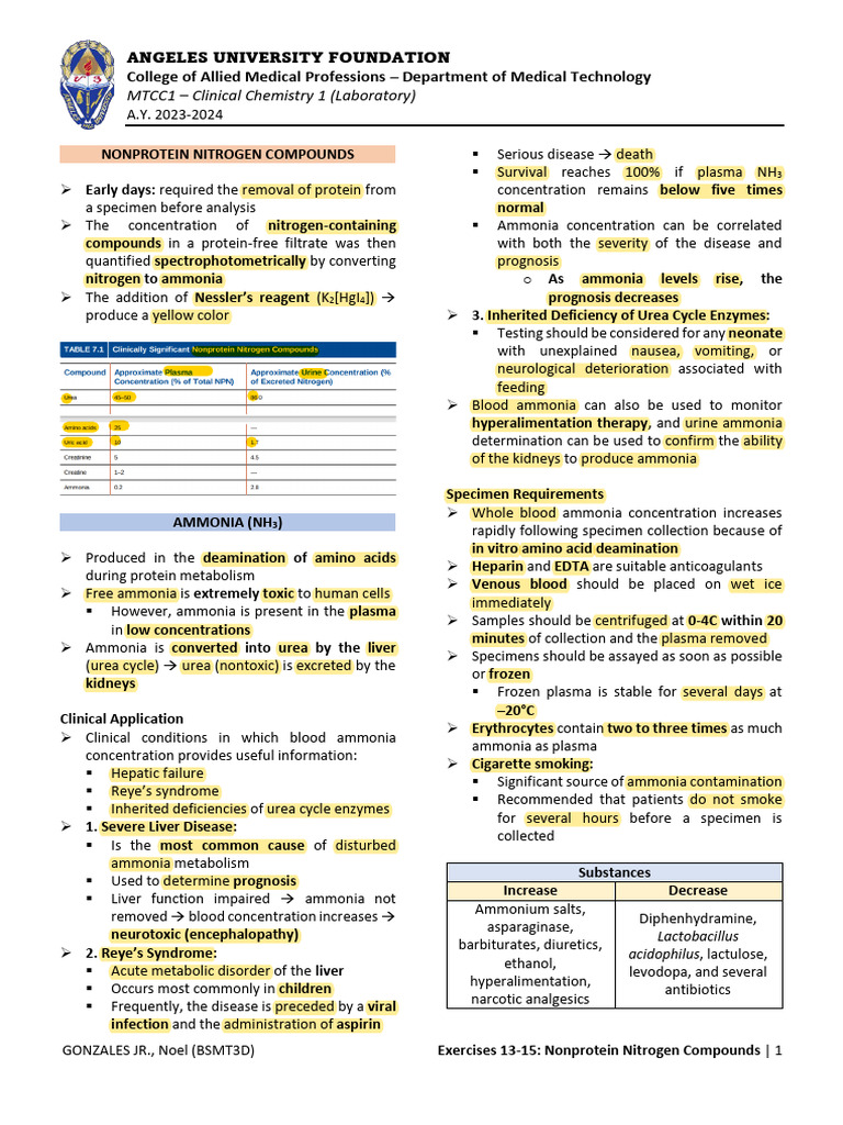 Exercises-13-15-Cc1-Lab Non-Protein Nitrogens | PDF | Creatinine | Kidney
