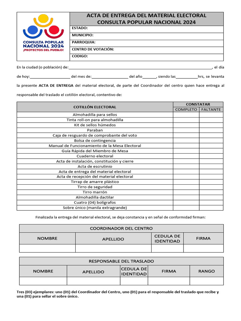 06 Acta de Entrega Del Material Electoral | PDF | Elecciones | Gobierno