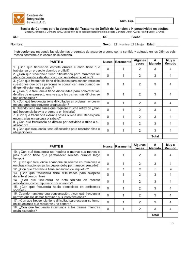 Escala de Conners Detección TDAH Adulto | PDF