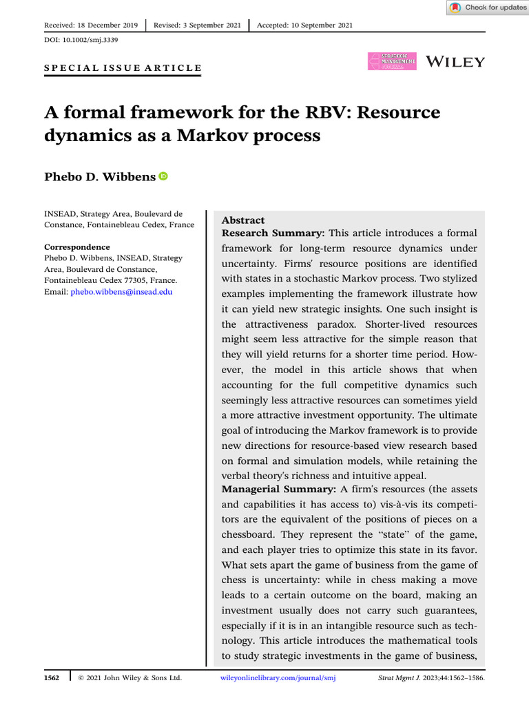 Strategic Management Journal - 2021 - Wibbens - A Formal Framework For The RBV Resource Dynamics ...
